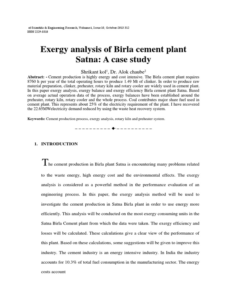 Exergy Analysis of Birla Cement Plant Satna: A Case Study: Shrikant Kol ...
