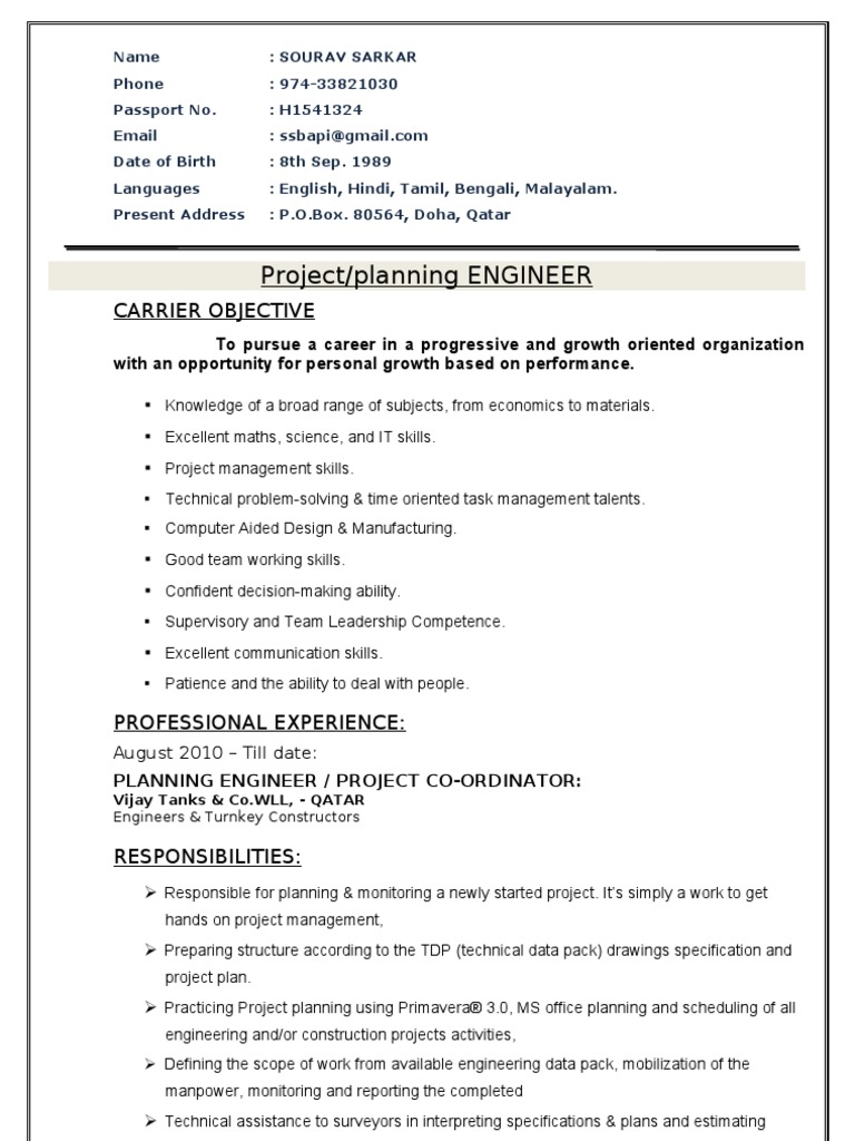 Resume For The Post of Project, Planning Engineer | PDF | Tanks ...