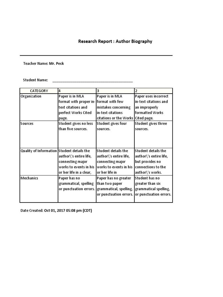 Author Biography Research Report Rubric | PDF