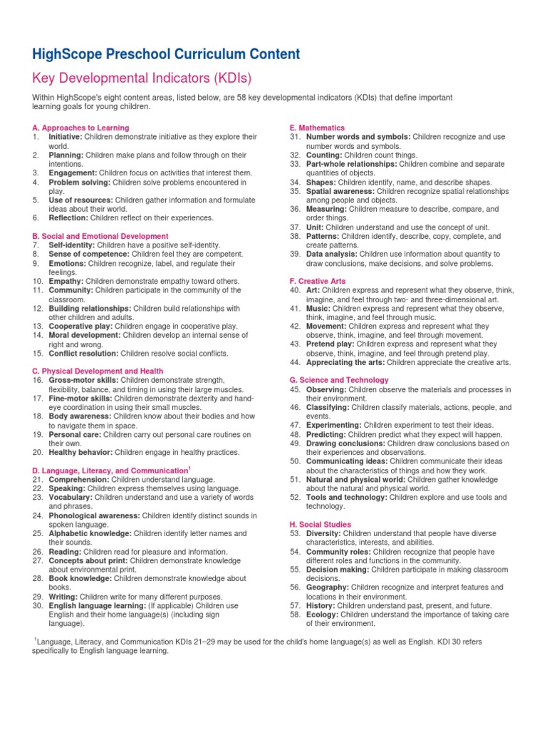 Preschool Key Developmental Indicators Chart | PDF | English Language ...