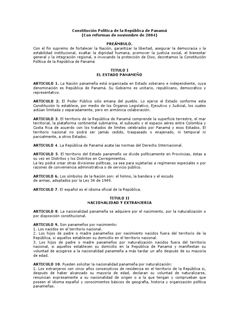 Constitución 1972 (Ref. 2004) | PDF | Naturalización | Panamá