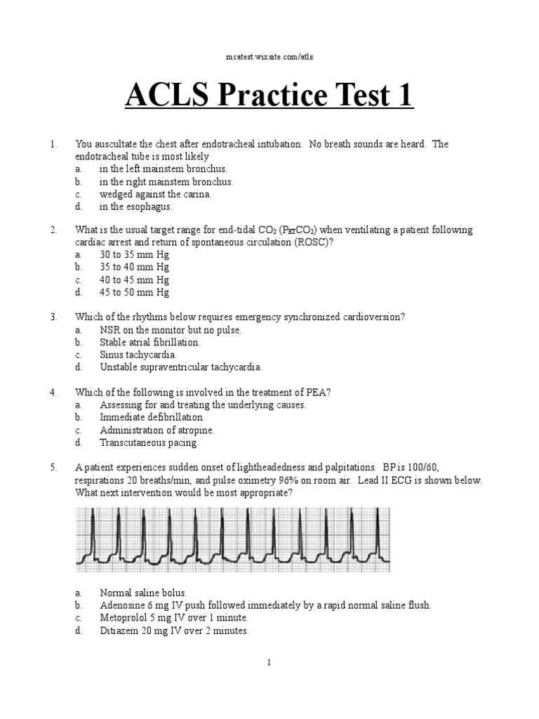 ACLS Practice Exam 1 | PDF | Cardiopulmonary Resuscitation | Cardiac Arrest