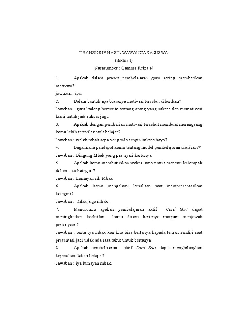 Transkrip Hasil Wawancara Siswa (Hasil) | PDF