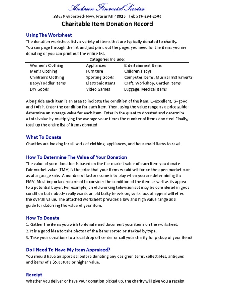 Worksheet - Charitable Item Donation Guide_1 | Bedroom | Suit (Clothing)