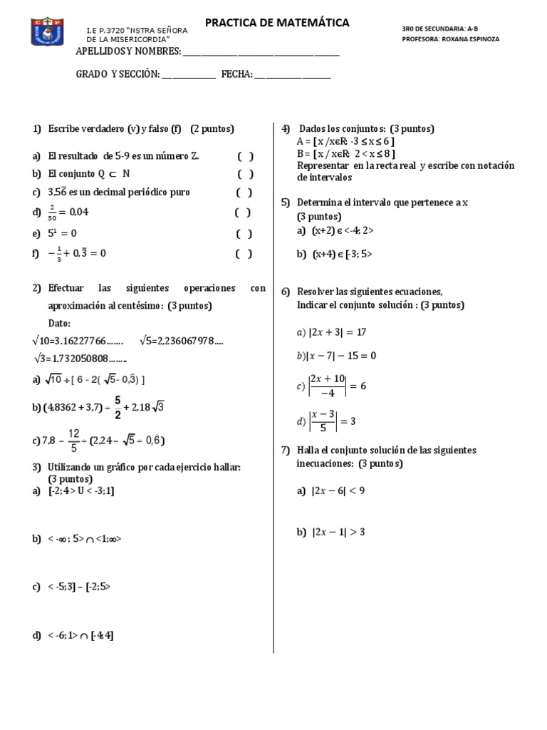 Practica 3ro Sec Op Reales Intervalos, Valor Absoluto | Descargar gratis PDF | Conceptos ...