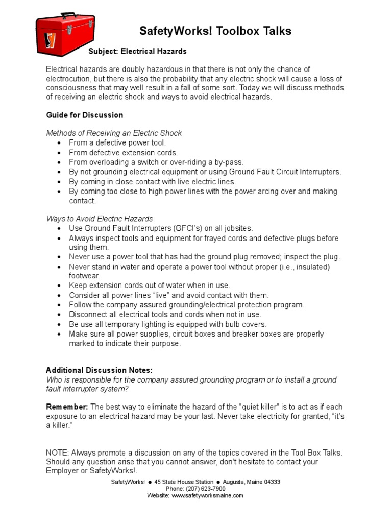 Safetyworks! Toolbox Talks: Subject: Electrical Hazards | PDF ...