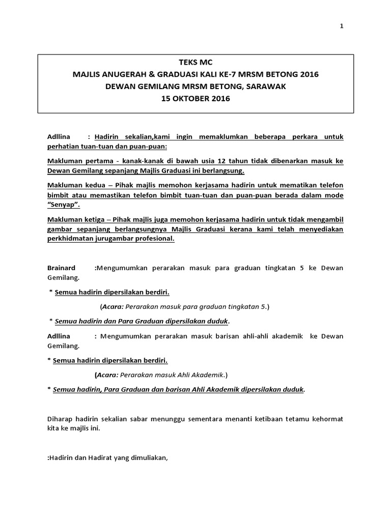 Teks Pengacara Majlis Anugerah Dan Graduasi MRSM Betong 2016 | PDF