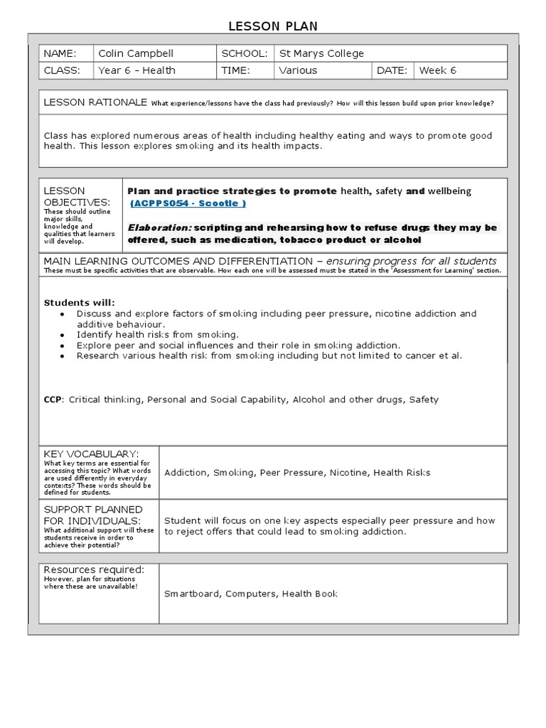 lesson proforma - health | Smoking | Lesson Plan