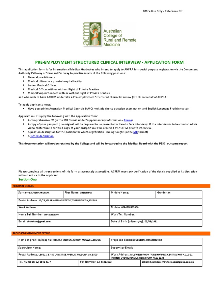 ACRRM PESCI Application Form | PDF | General Practitioner | Medicine