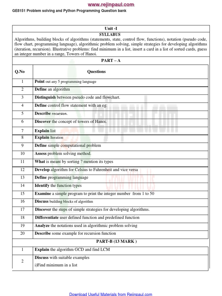 GE8151 PSPPP Rejinpaul QB | PDF | Parameter (Computer Programming) | Control Flow