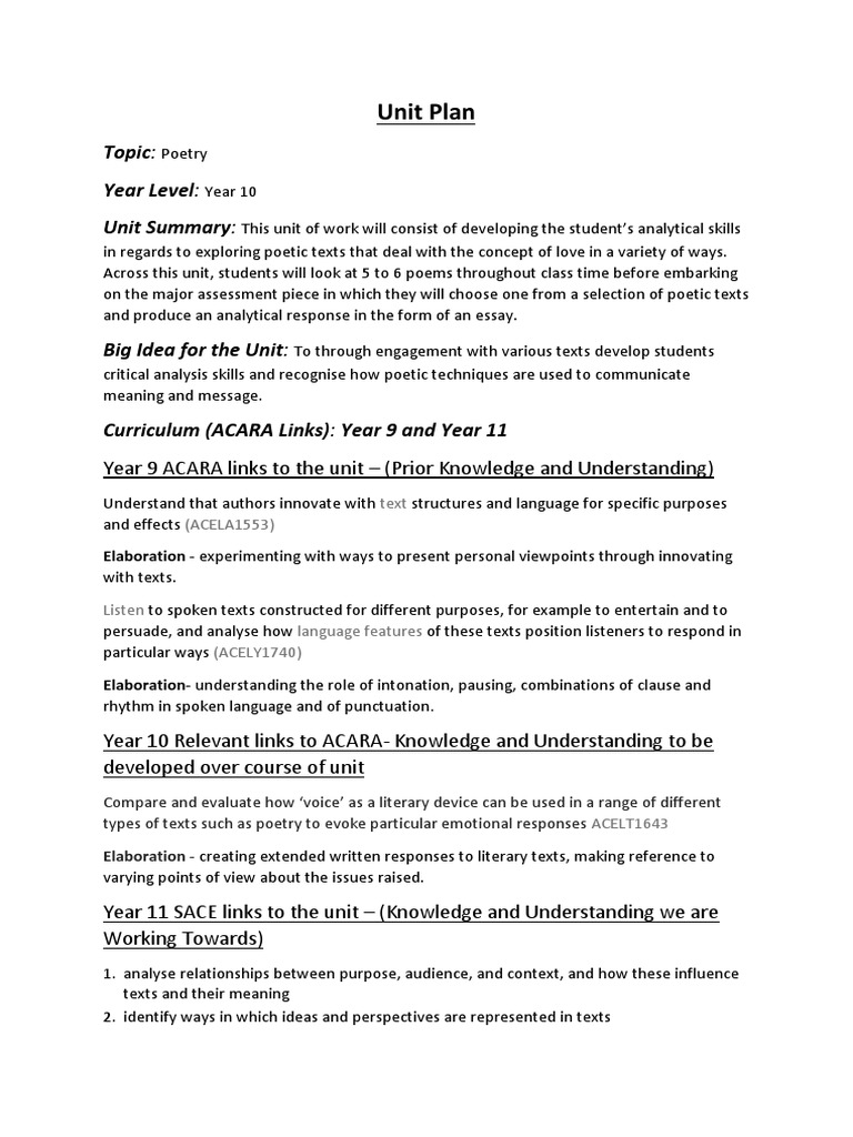 Unit Plan: Topic: Year Level: Unit Summary | PDF | Poetry | Genre
