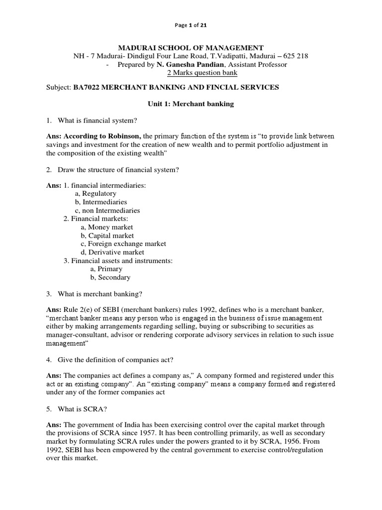 Merchant Banking Financial Services Two Marks Question Bank | PDF ...
