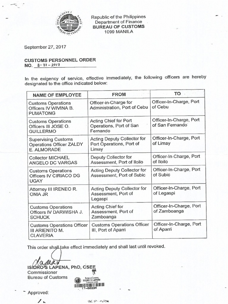 Bureau of Customs Customs Personnel Order #B77-2017 | PDF
