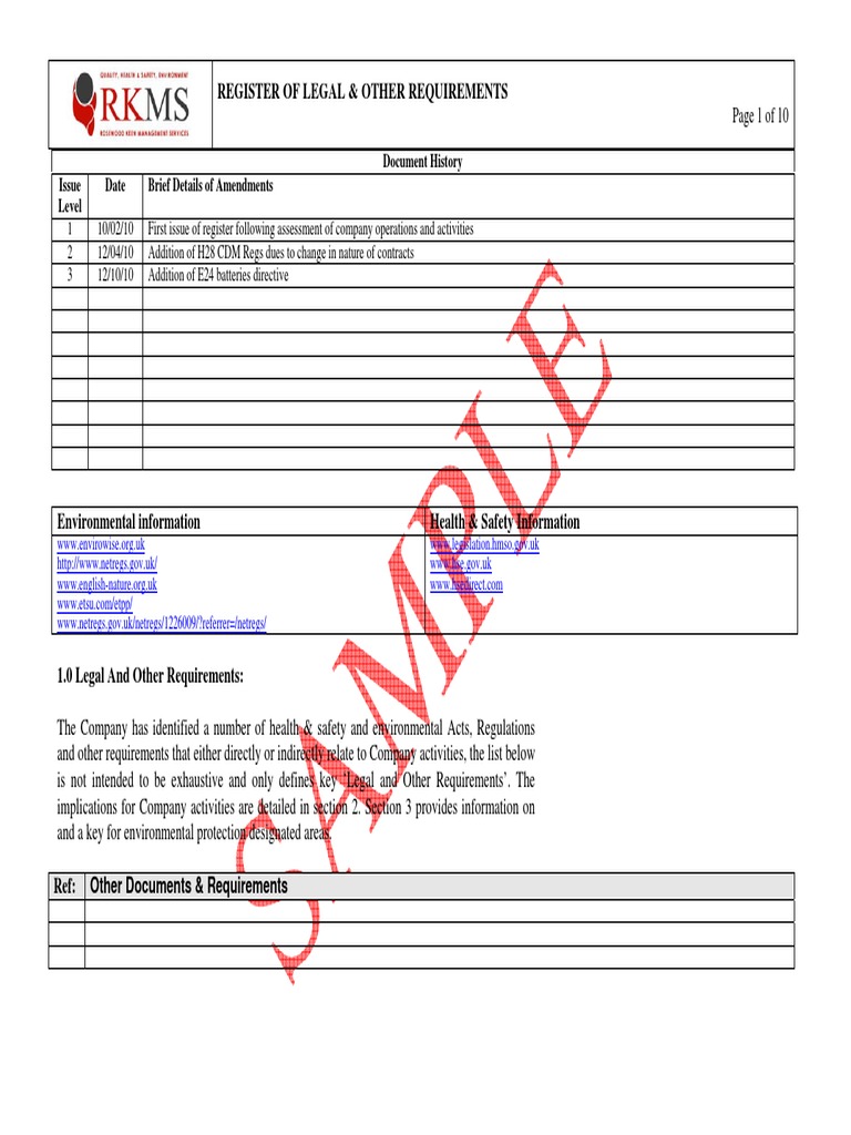 Register of Legal and Other Requirements | Occupational Safety And ...