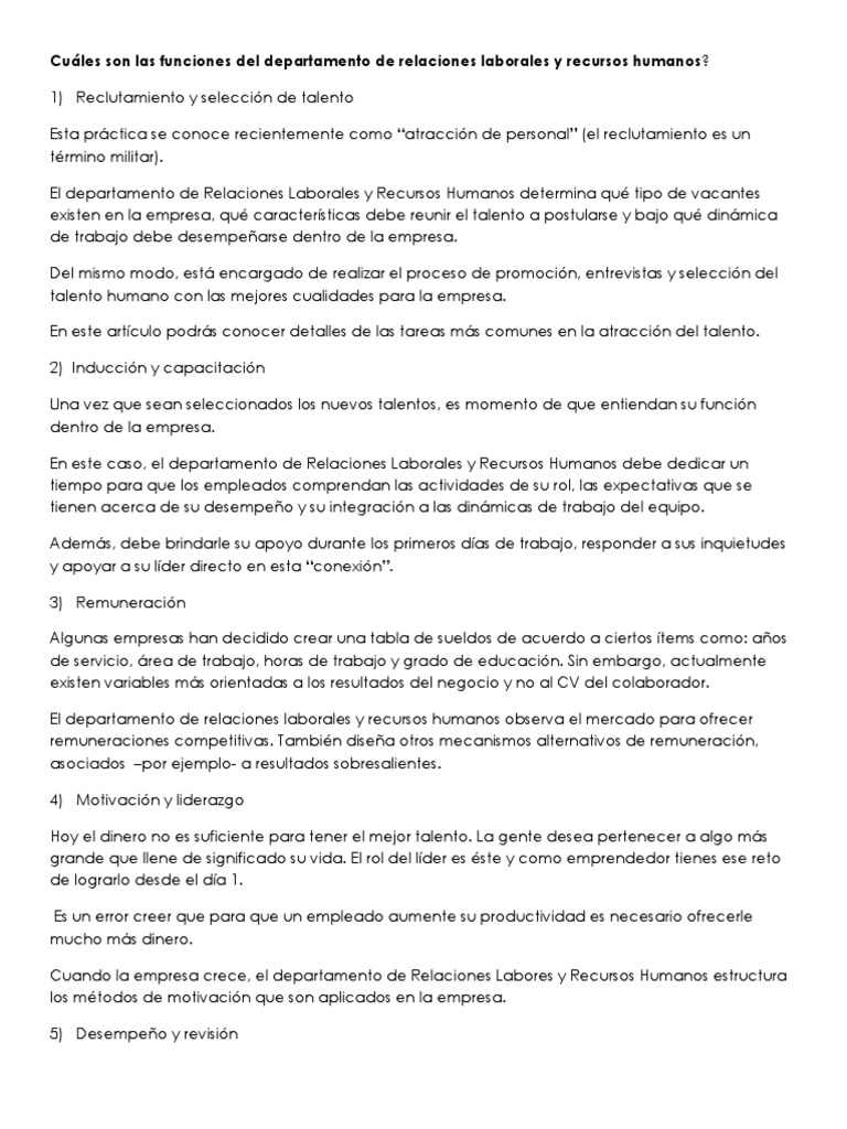 Las funciones clave del departamento de Relaciones Laborales y Recursos ...