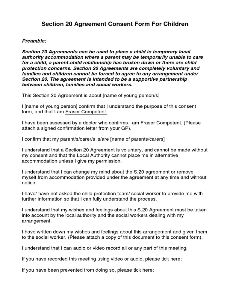 Section 20 Consent Form - Children | PDF | Child Protection | Consent