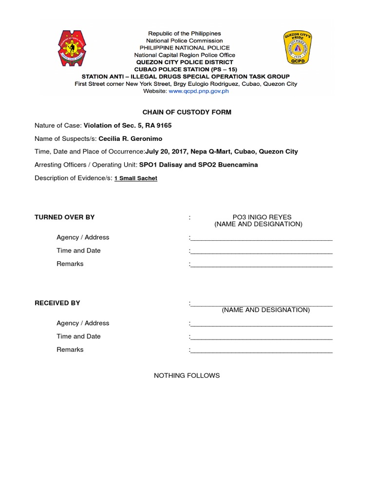 Chain of Custody Form | PDF
