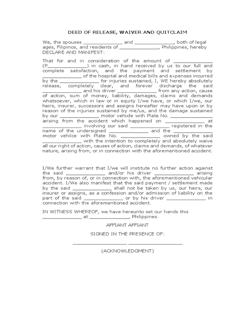 Sample Deed of Release and Quitclaim - Accident | PDF