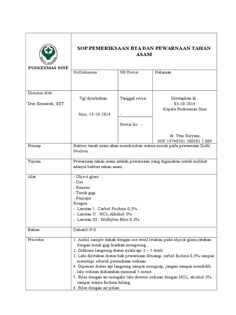 Sop Pemeriksaan Bta Dan Pewarnaan Tahan Asam | PDF