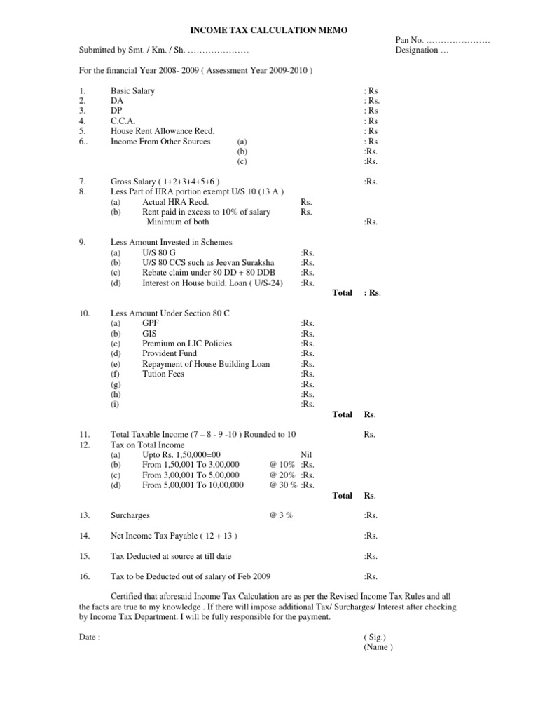 Income Tax Calculation Memo 2008-09 | PDF | Income Tax | Public Finance