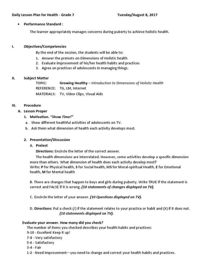 Grade 7 Holistic Health Lesson Plan | PDF | Lesson Plan | Education Theory