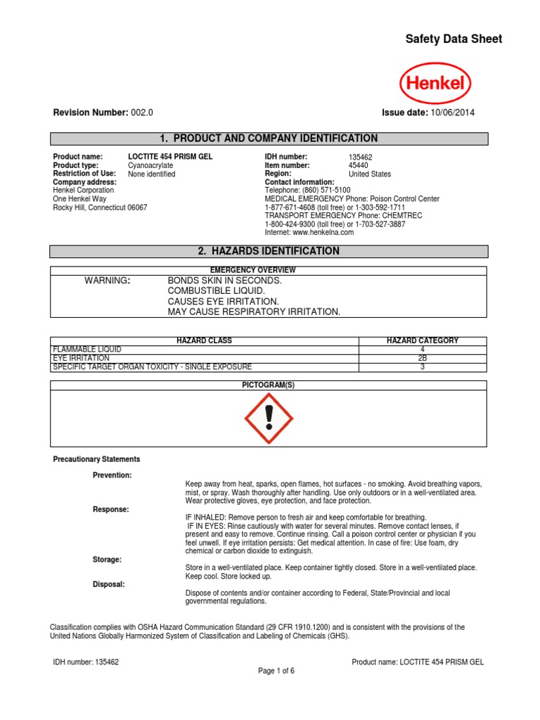 Safety Data Sheet for Loctite 454 Prism Gel | PDF | Firefighting | Dangerous Goods