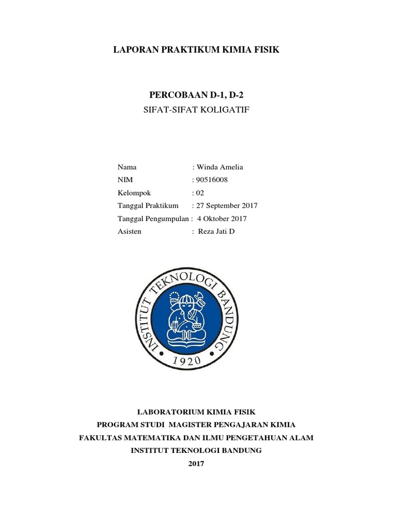 Laporan Praktikum Kimia Fisik d1 d2 | PDF