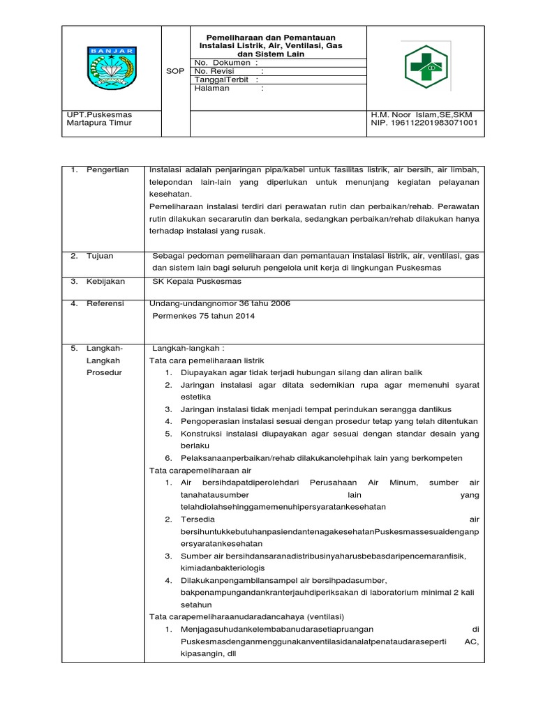 (8.5.1.2) SOP Pemeliharaan Dan Pemantauan Instalasi Listrik, Air, Ventilasi, Gas Dan Sistem Lain ...