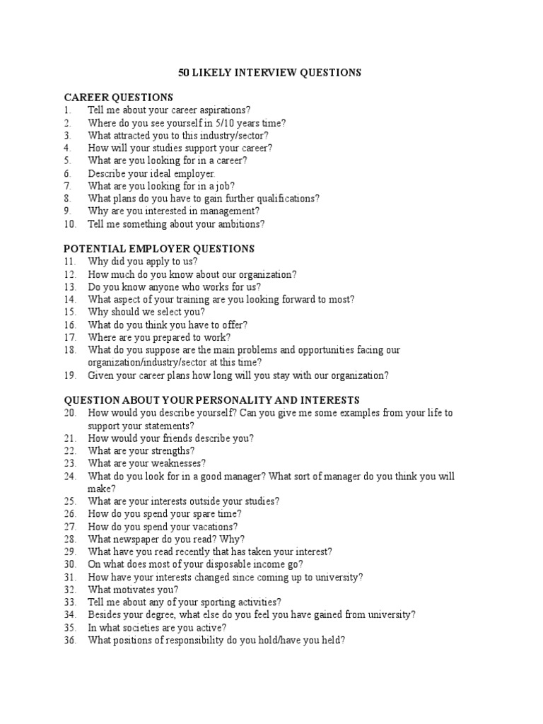 50 Likely Interview Questions | PDF