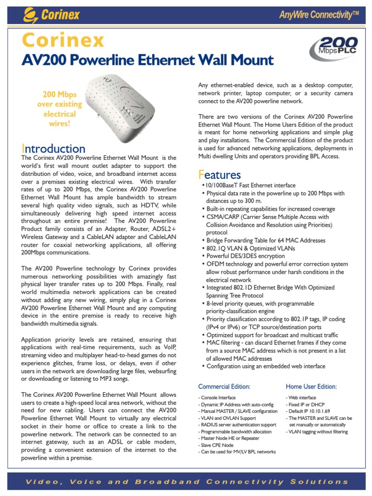 Av200 Powerline Ethernet Wall Mount Datasheet-Eng PDF | PDF | Computer ...