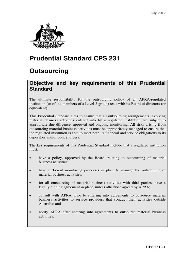 APRA CPS 231 Outsourcing Guidelines | PDF | Internal Audit | Outsourcing