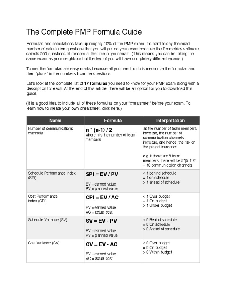 PMP Formula | PDF | Business | Teaching Mathematics