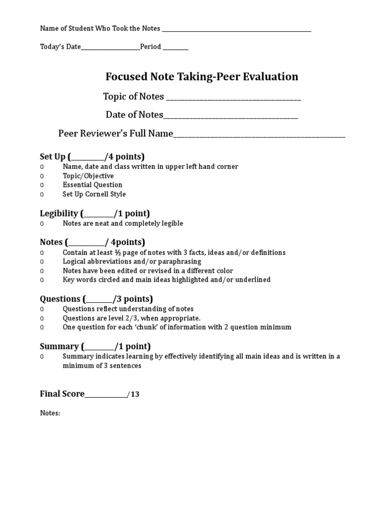 Adjusted Focused Note Taking Peer Evaluation 8 2017 | PDF