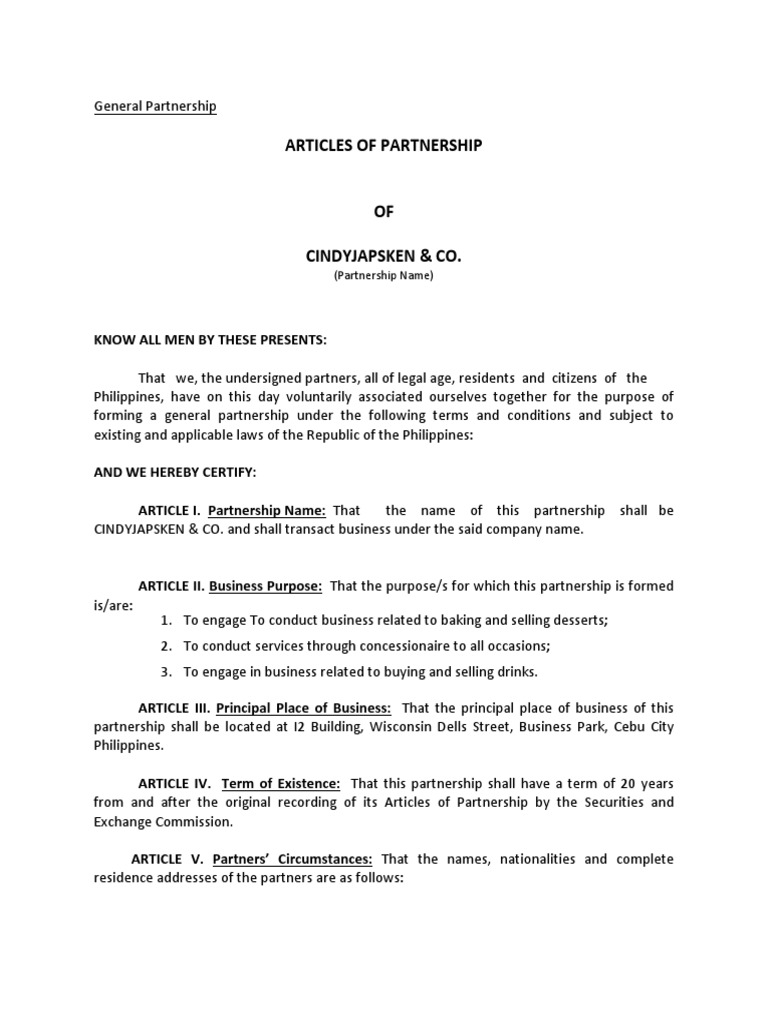 Articles of Partnership For General Partnerships | PDF | Partnership ...