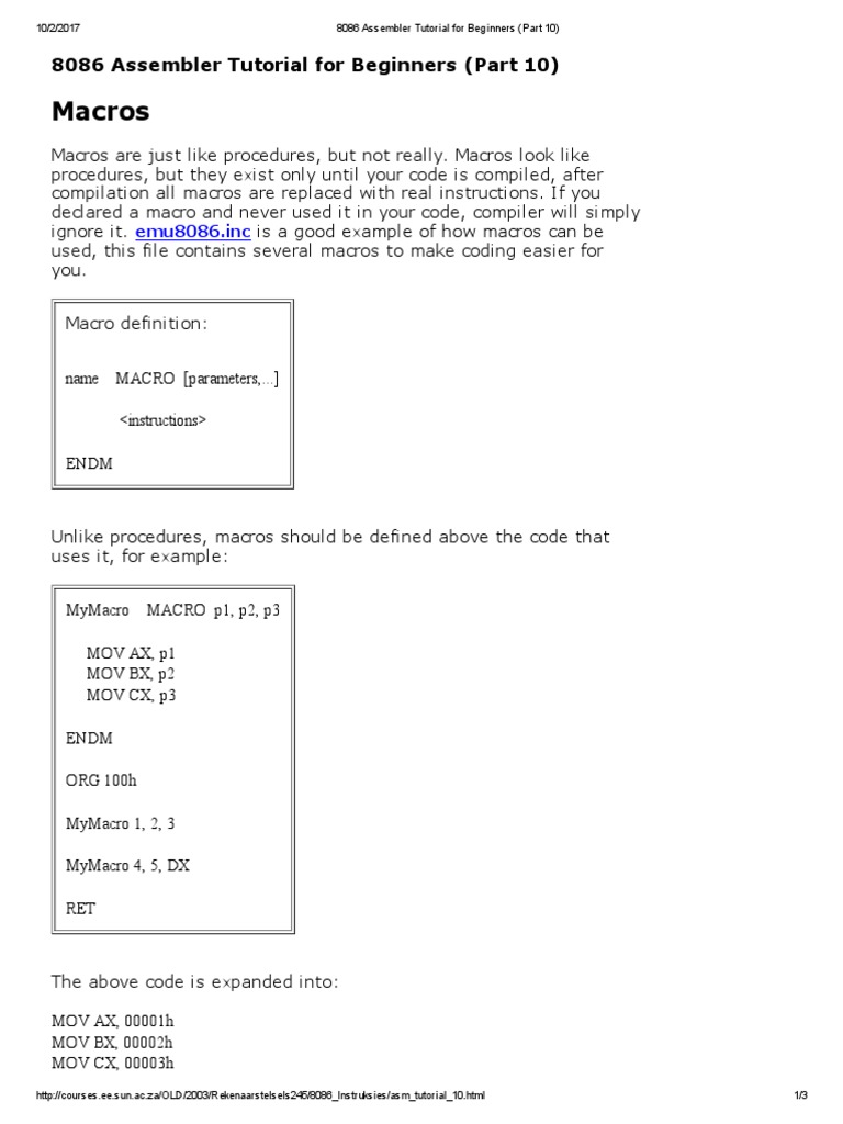 8086 Assembler Macros Explained | PDF | Assembly Language | Subroutine