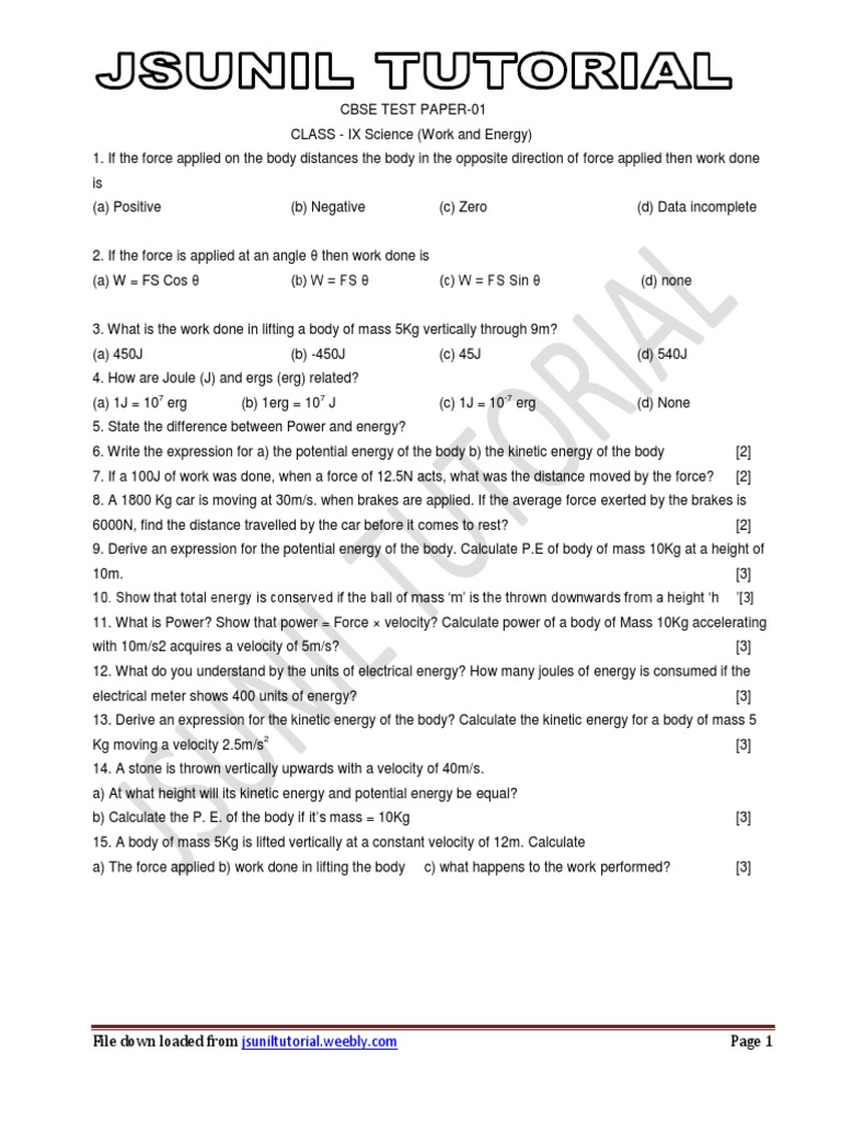 9th Science Work and Energy Test Paper-1 | PDF | Potential Energy ...