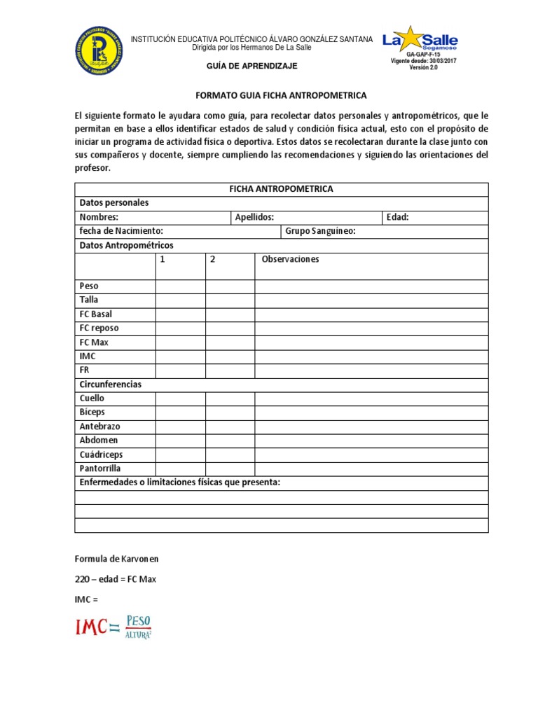 Formato Guia Ficha Antropometrica | PDF