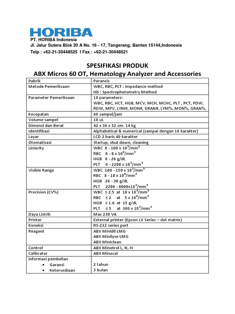 ABX Micros 60 OT - Spesifikasi Produk | PDF