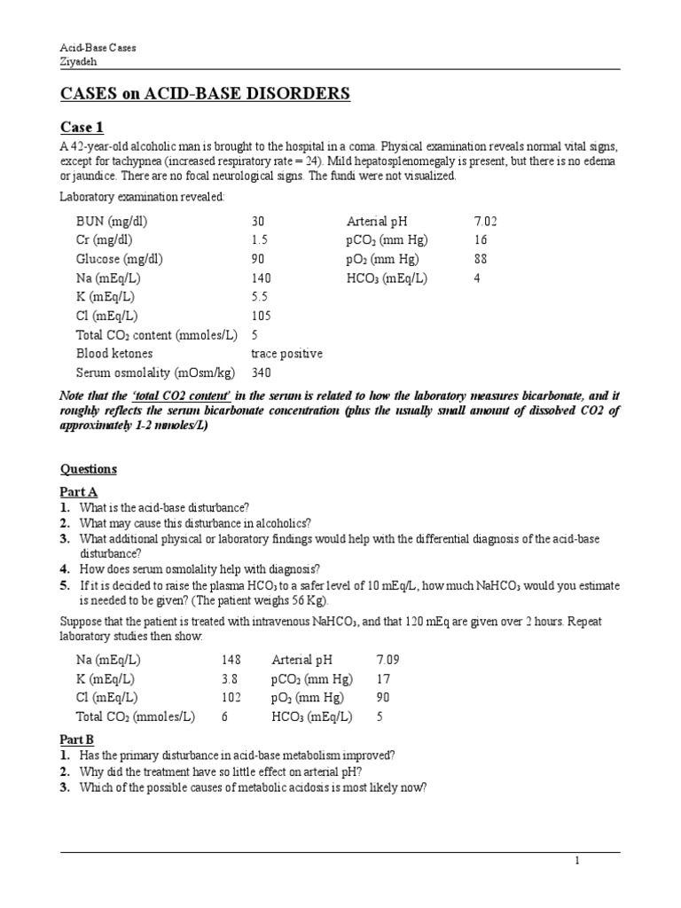 Cases On Acid-Base Disorders: Case 1 | PDF | Blood Plasma | Carbon Dioxide