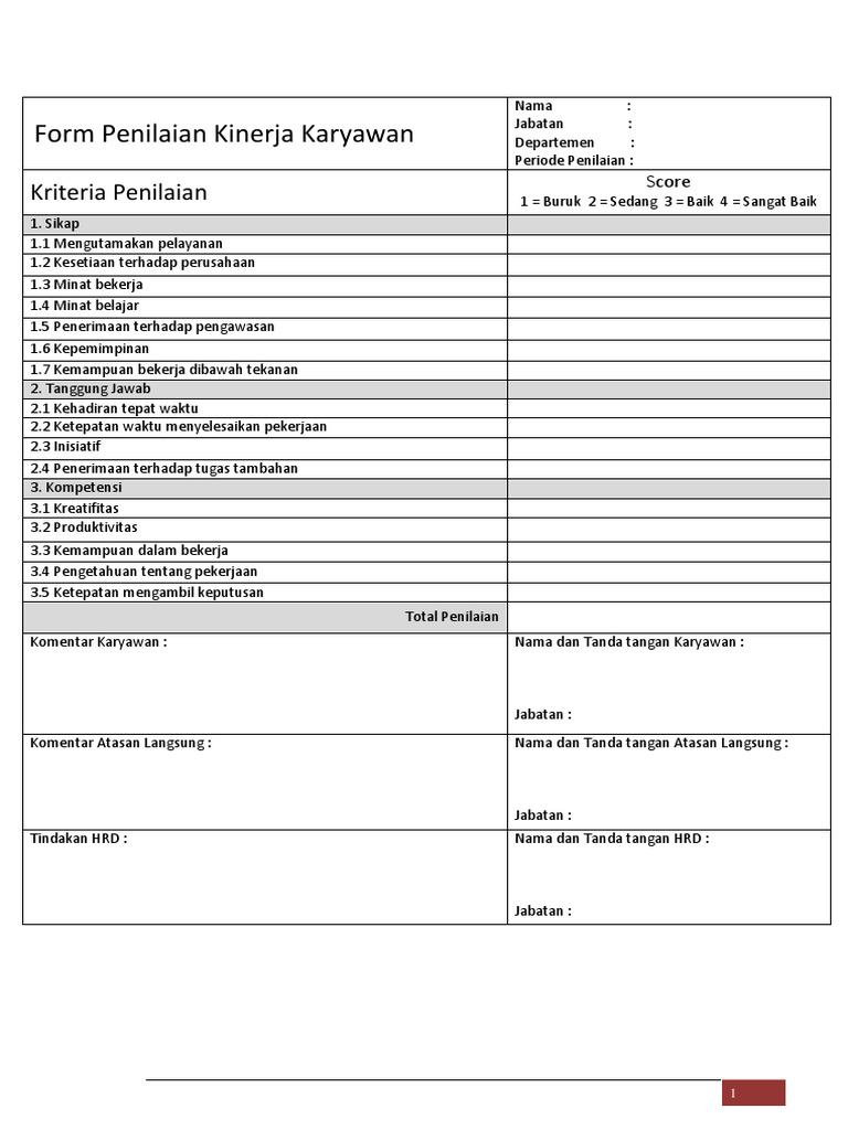 Form Penilaian Kinerja Karyawan | PDF