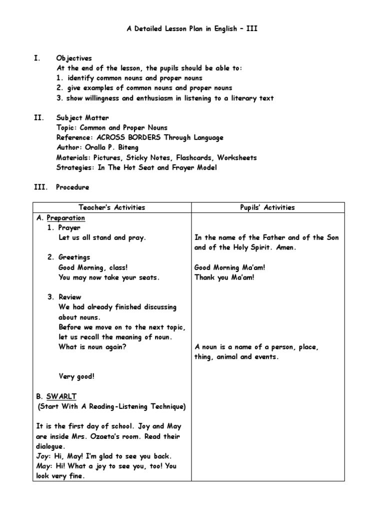 Lesson Plan in English | PDF | Lesson Plan | Noun
