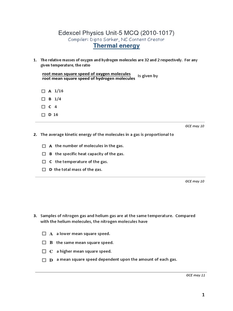 Ial Phy U5 Thermal Energy MCQ | PDF | Gases | Temperature
