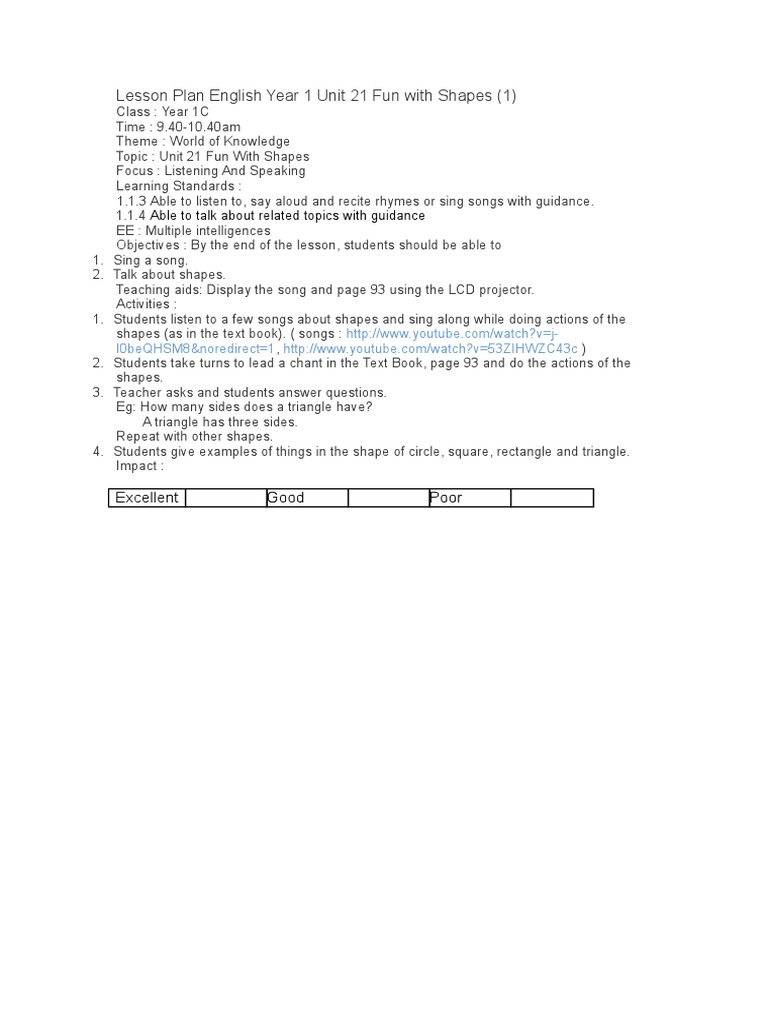 Year 1 Fun with Shapes Lesson Plan | PDF