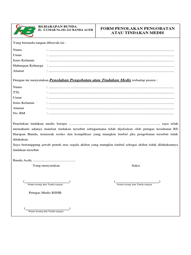 Form Penolakan Pengobatan Atau Tindakan Medis