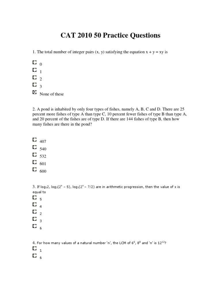CAT 2010: 50 Practice Questions | PDF | Integer | Numbers