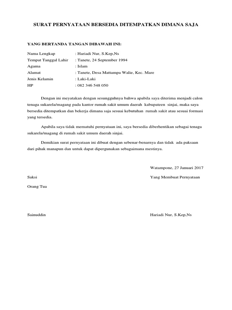 Surat Pernyataan Bersedia Ditempatkan Dimana Saja | PDF