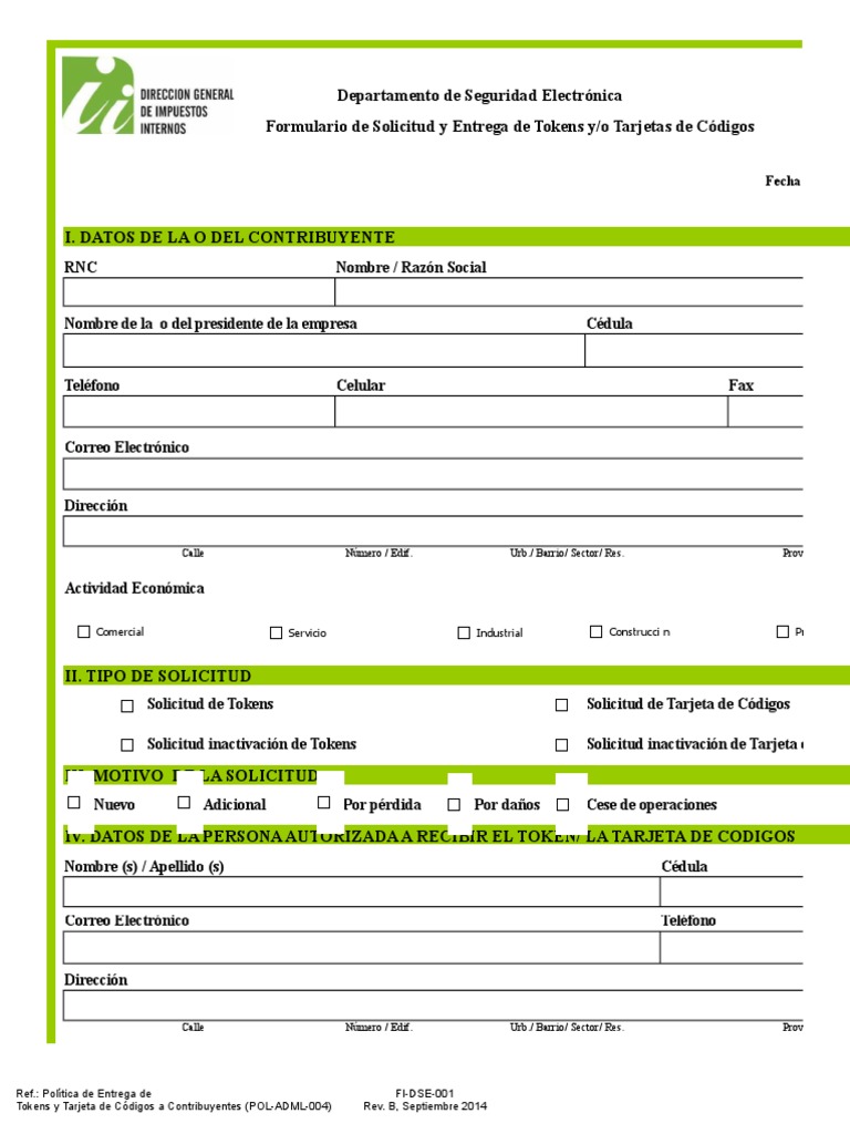 FI-DSE-001 Formulario de Solicitud y Entrega de Tokens y Tarjetas de ...