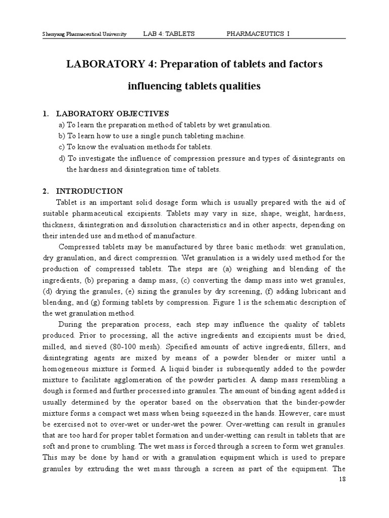 LABORATORY 4: Preparation of Tablets and Factors Influencing Tablets ...