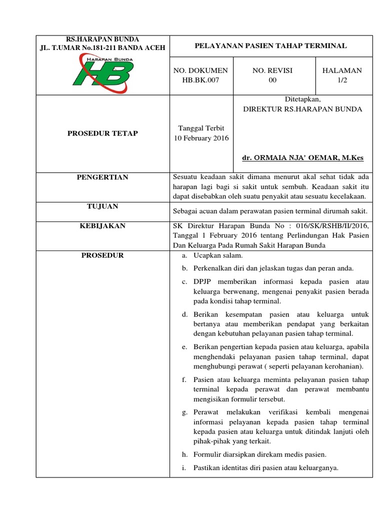 Sop Pelayanan Pasien Tahap Terminal | PDF