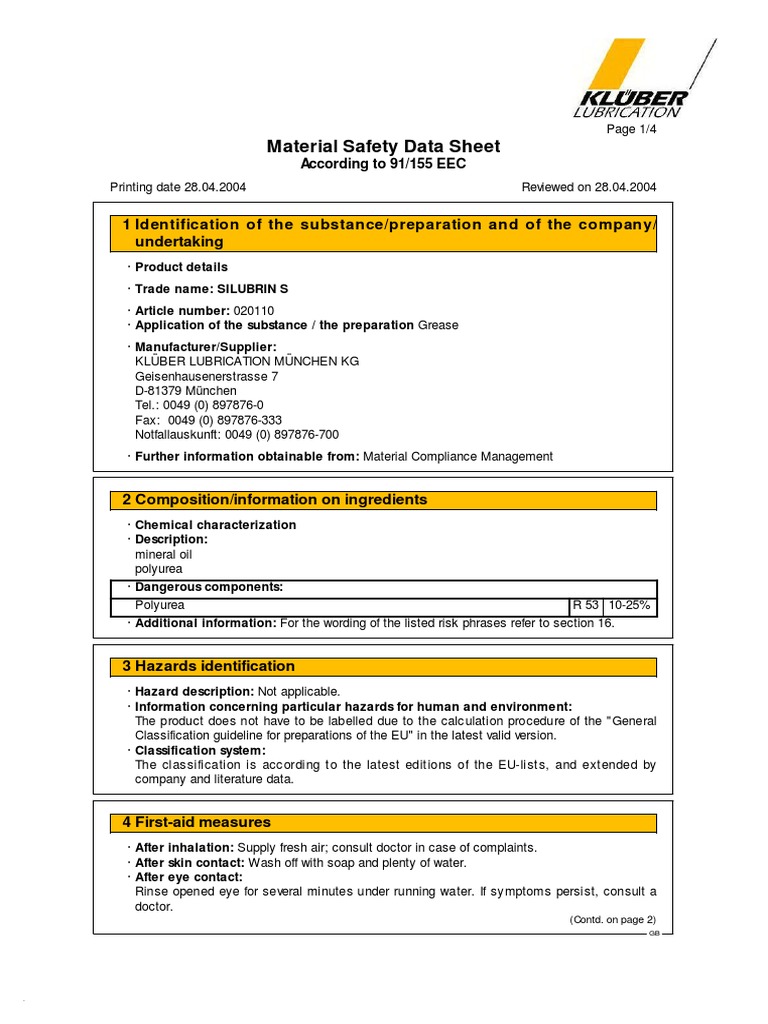 Kluber Simrit Silubrin S - 20040428 | PDF | Chemistry | Materials